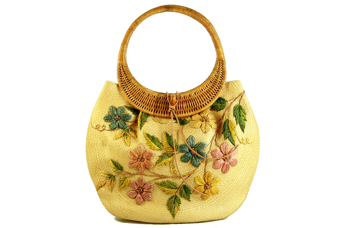 Straw purse bag with embroidered floral motif – Vintage Carwen