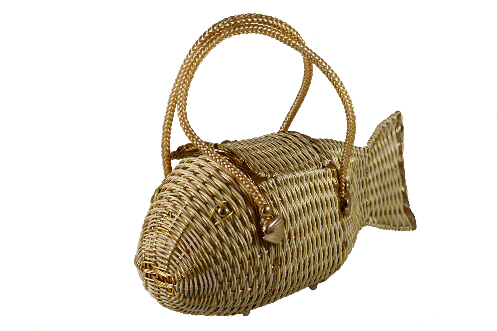 White and gold plastic wicker fish purse bag – Vintage Carwen